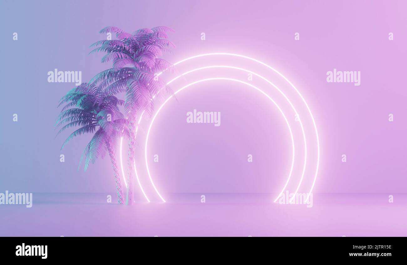 Modern trendy neon glowing light with tropical palm trees. 3D Rendering ...