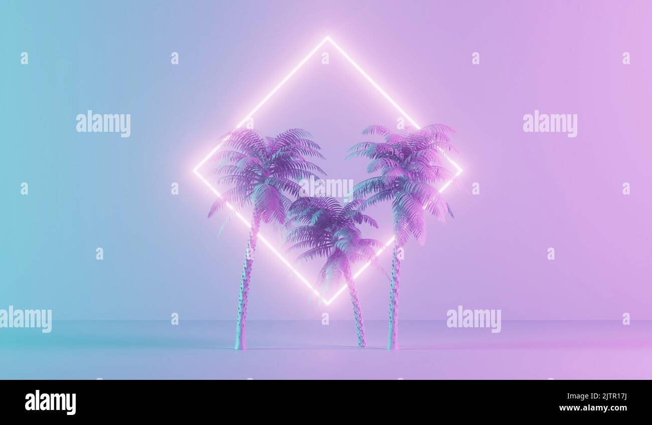 Modern trendy neon glowing light with tropical palm trees. 3D Rendering ...