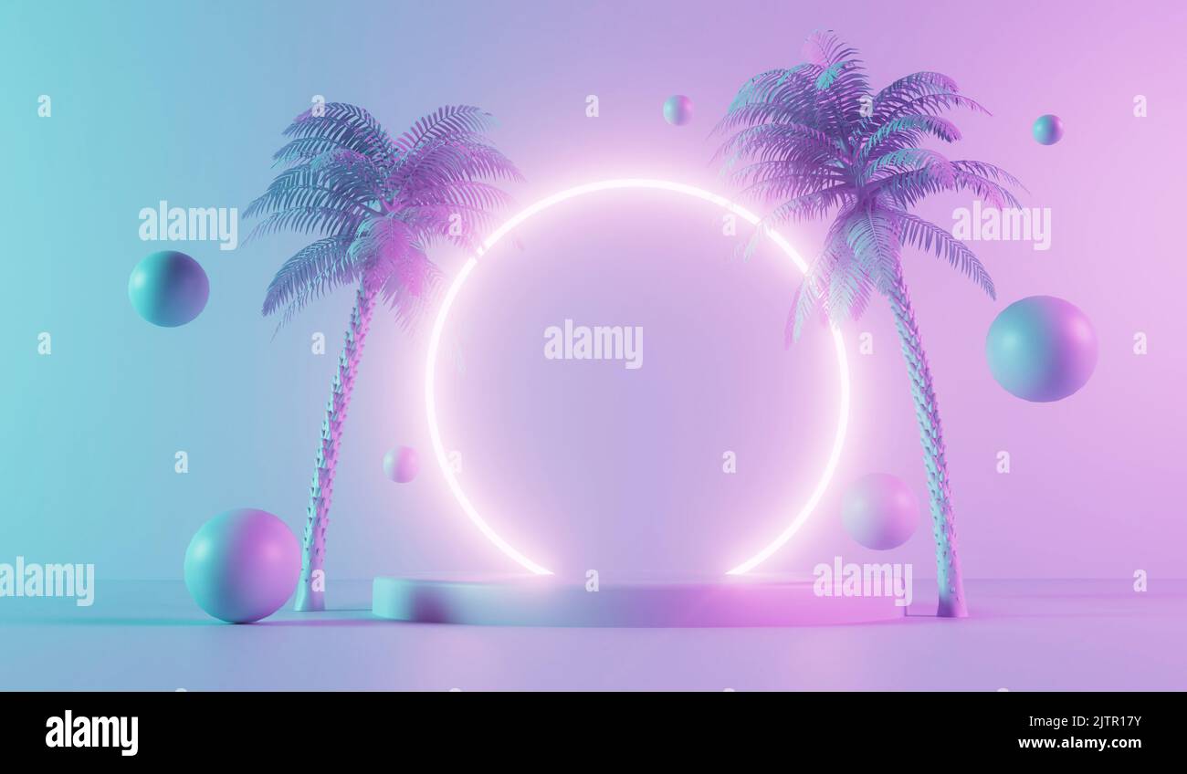 Modern trendy neon glowing light with tropical palm trees. 3D Rendering ...