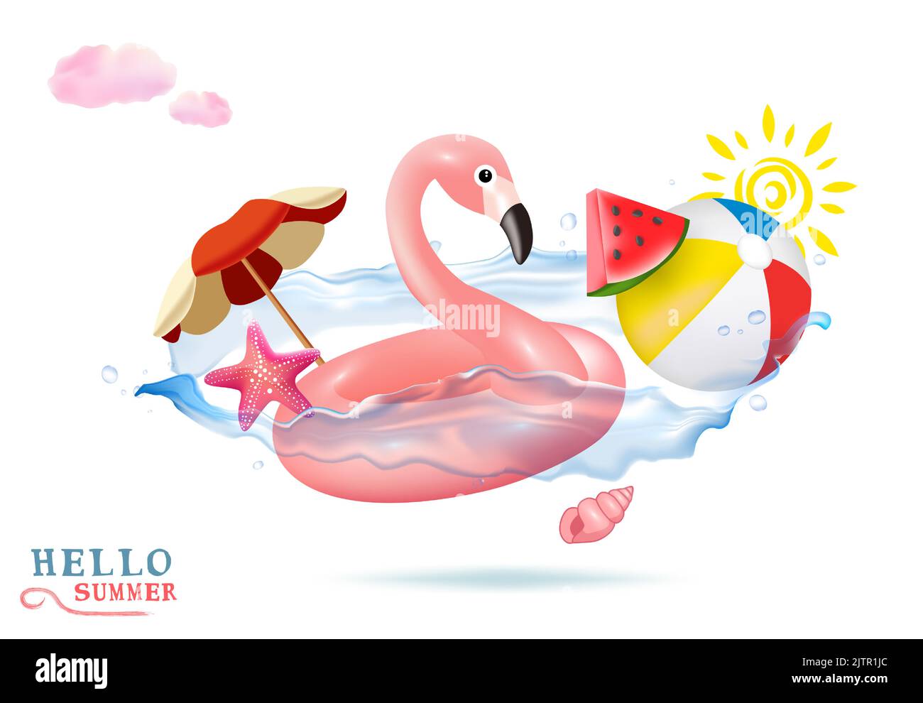 Hello summer background. Flamingo inflatable toy, watermelon, beach ...
