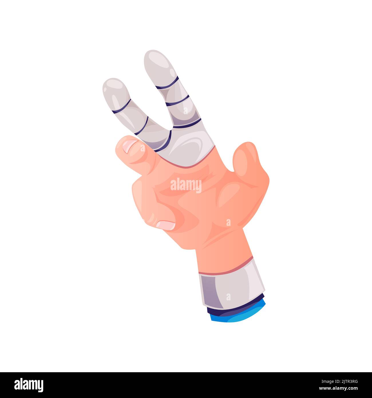 Robotic artificial hand with metal fingers showing peace sign ...