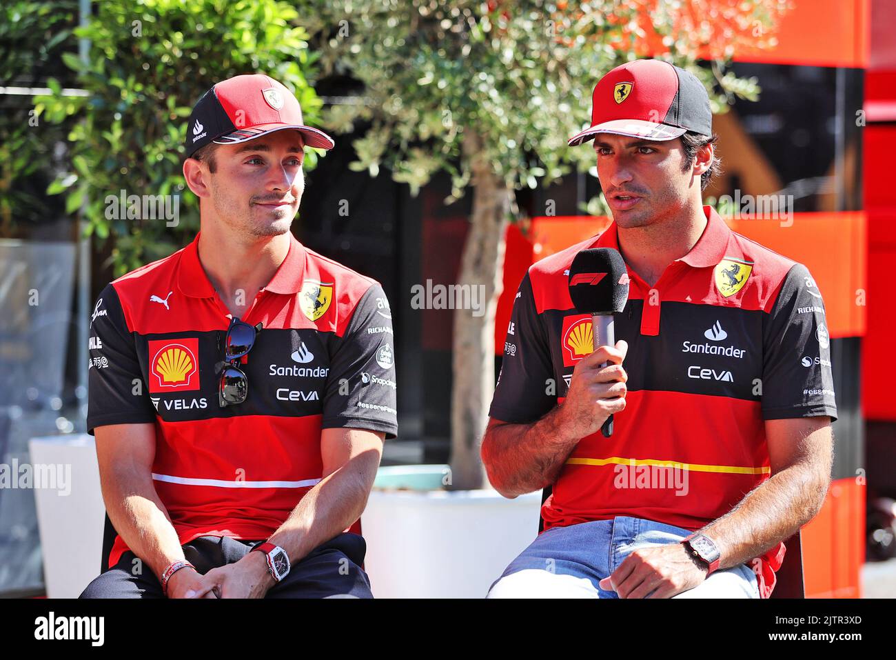 (L to R): Charles Leclerc (MON) Ferrari with team mate Carlos Sainz Jr ...