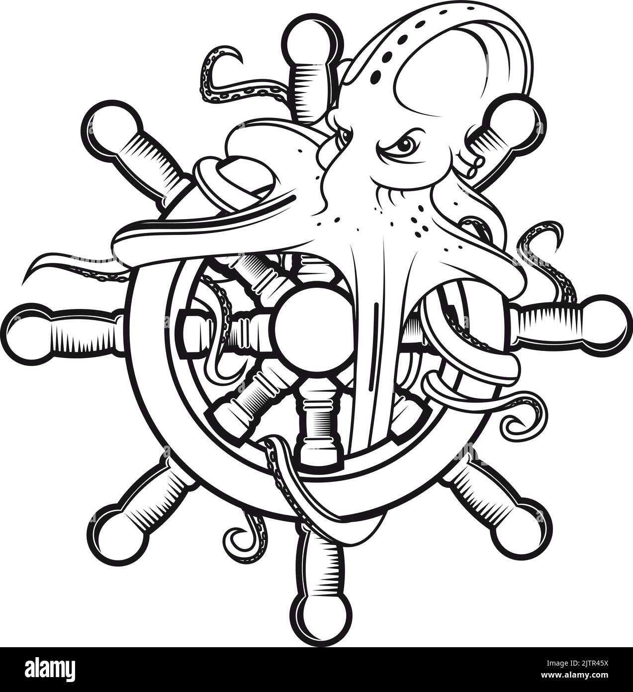Octopus on helm, nautical marine vector icon, vector ocean kraken. Ship ...