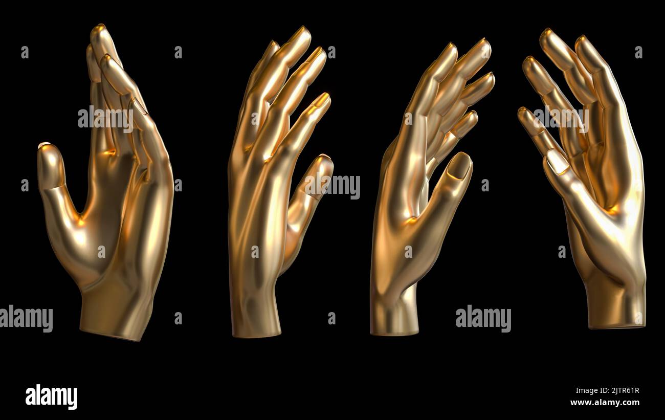 3d render of golden metallic hand pose or gesture from different angles ...