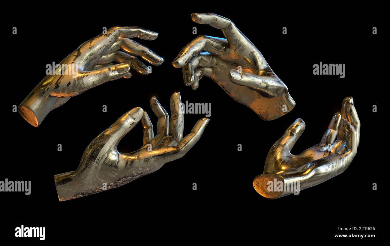 3d render of golden metallic hand pose or gesture from different angles ...