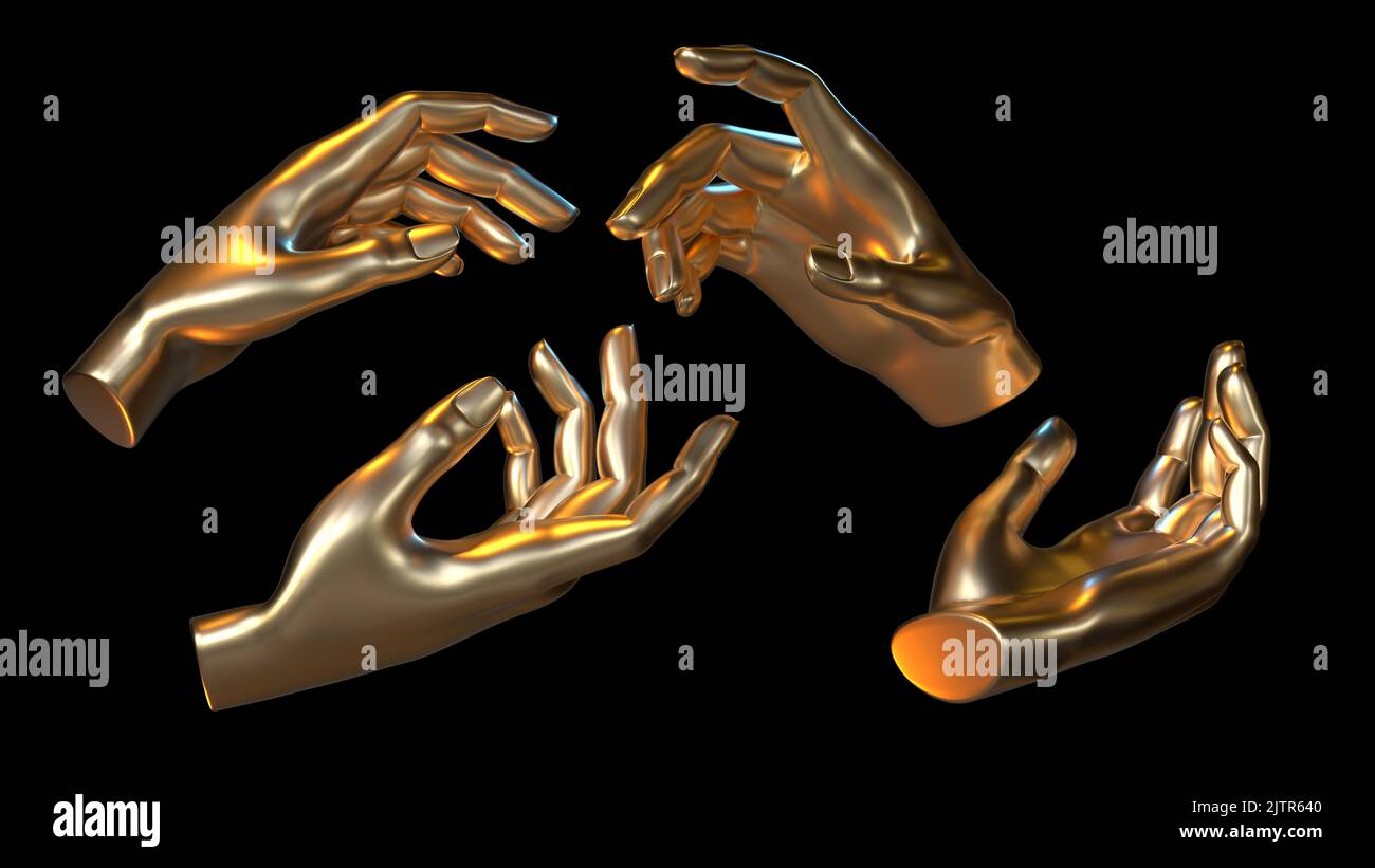 3d render of golden metallic hand pose or gesture from different angles ...