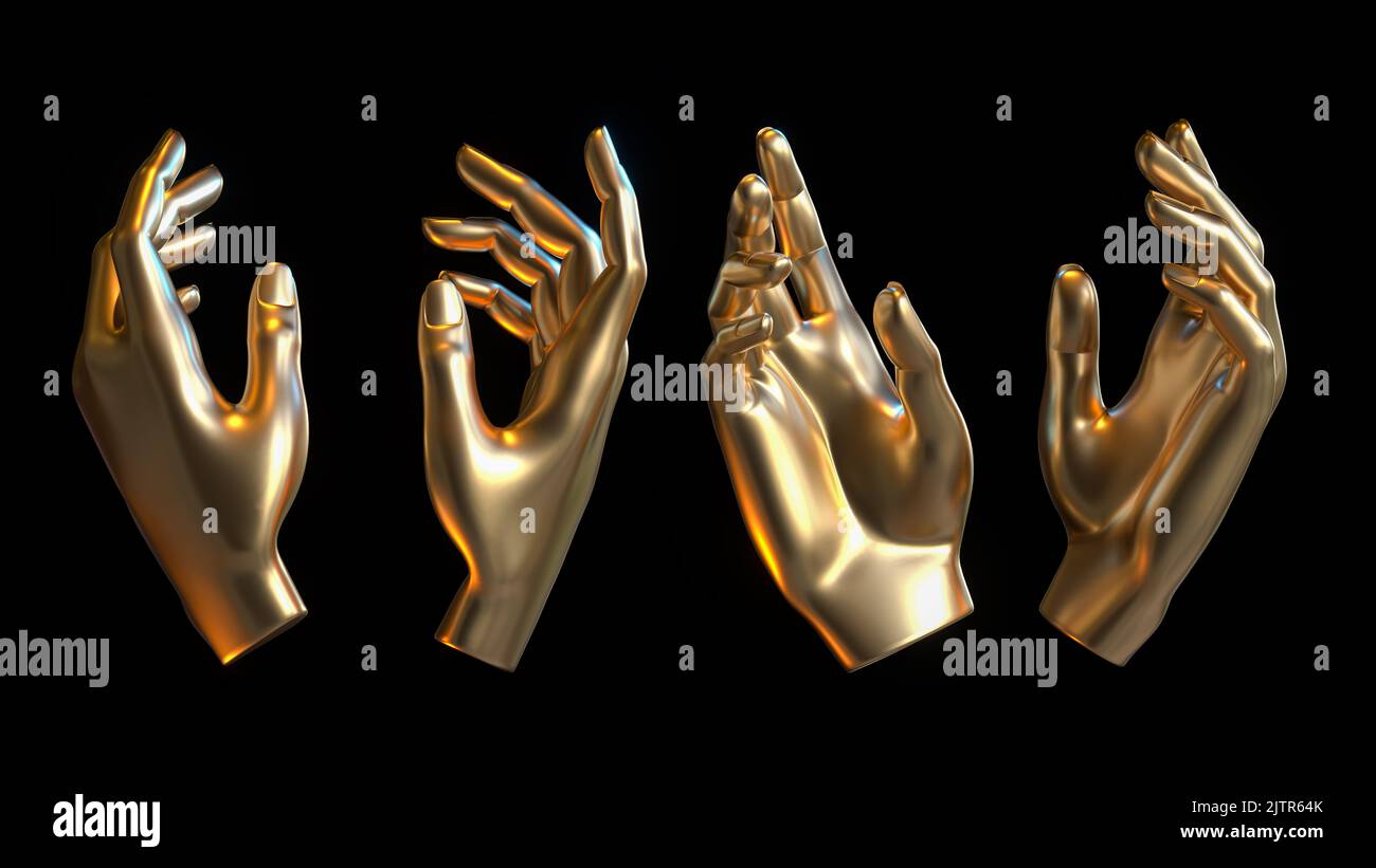 3d render of golden metallic hand pose or gesture from different angles ...