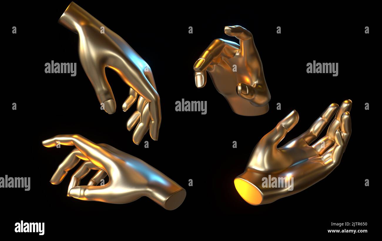 3d render of golden metallic hand pose or gesture from different angles ...