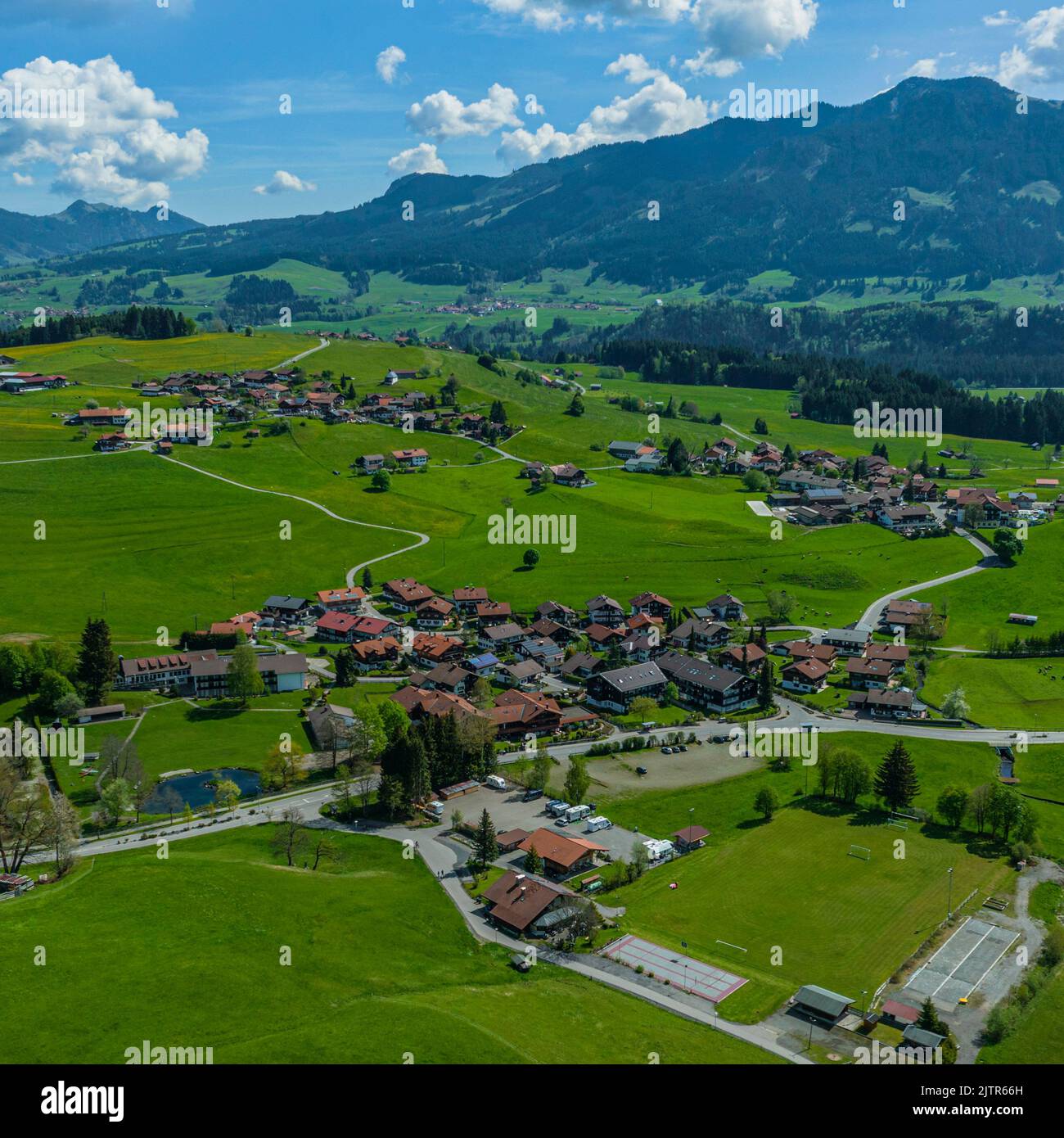 Aerial view to the region of Obermaiselstein in bavarian Allgaeu Stock ...