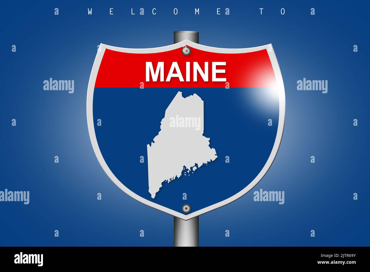 Maine on highway road sign over blue background, 3d rendering Stock ...