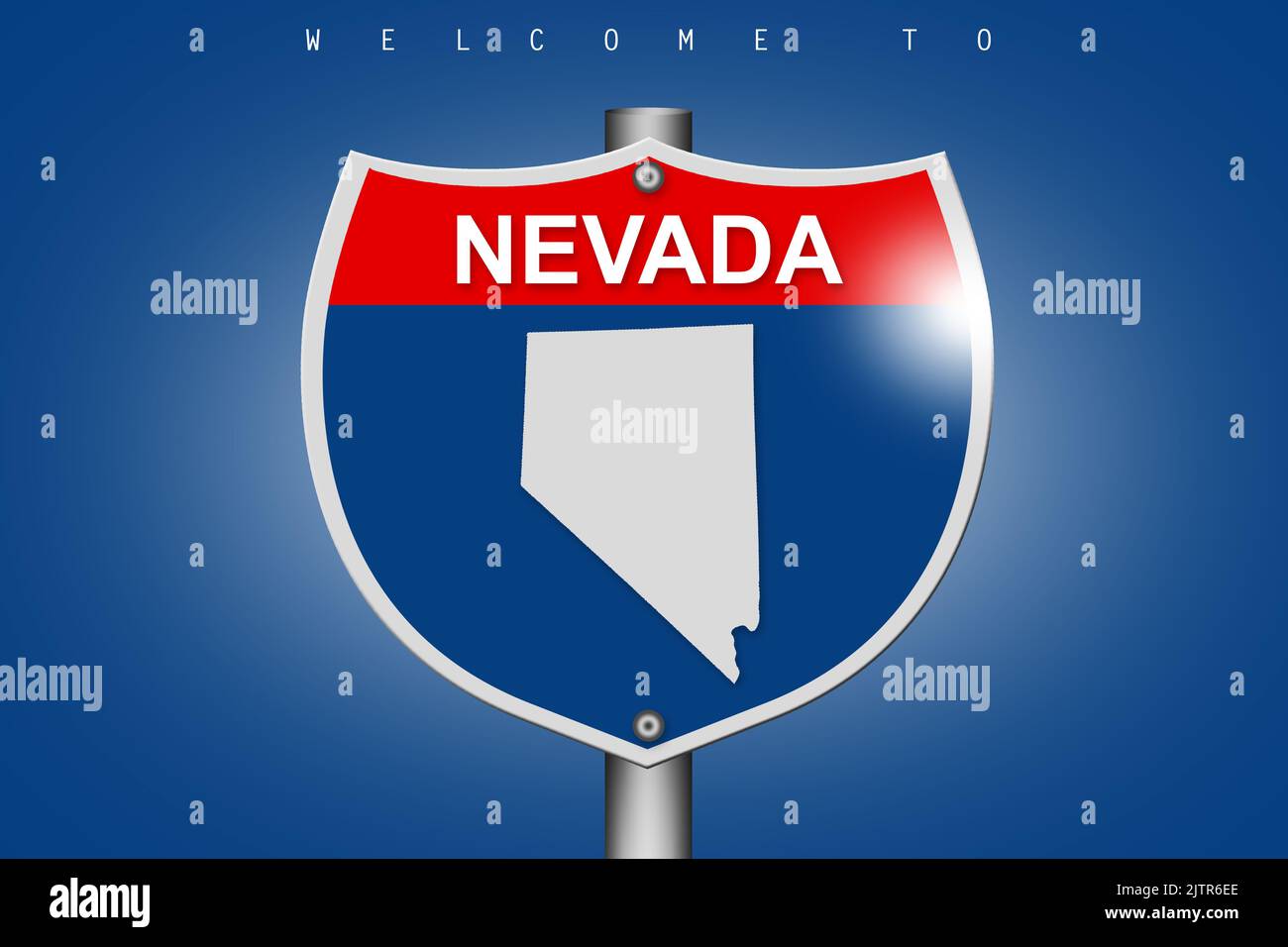 Map of Nevada on highway road sign over blue background, 3d rendering ...