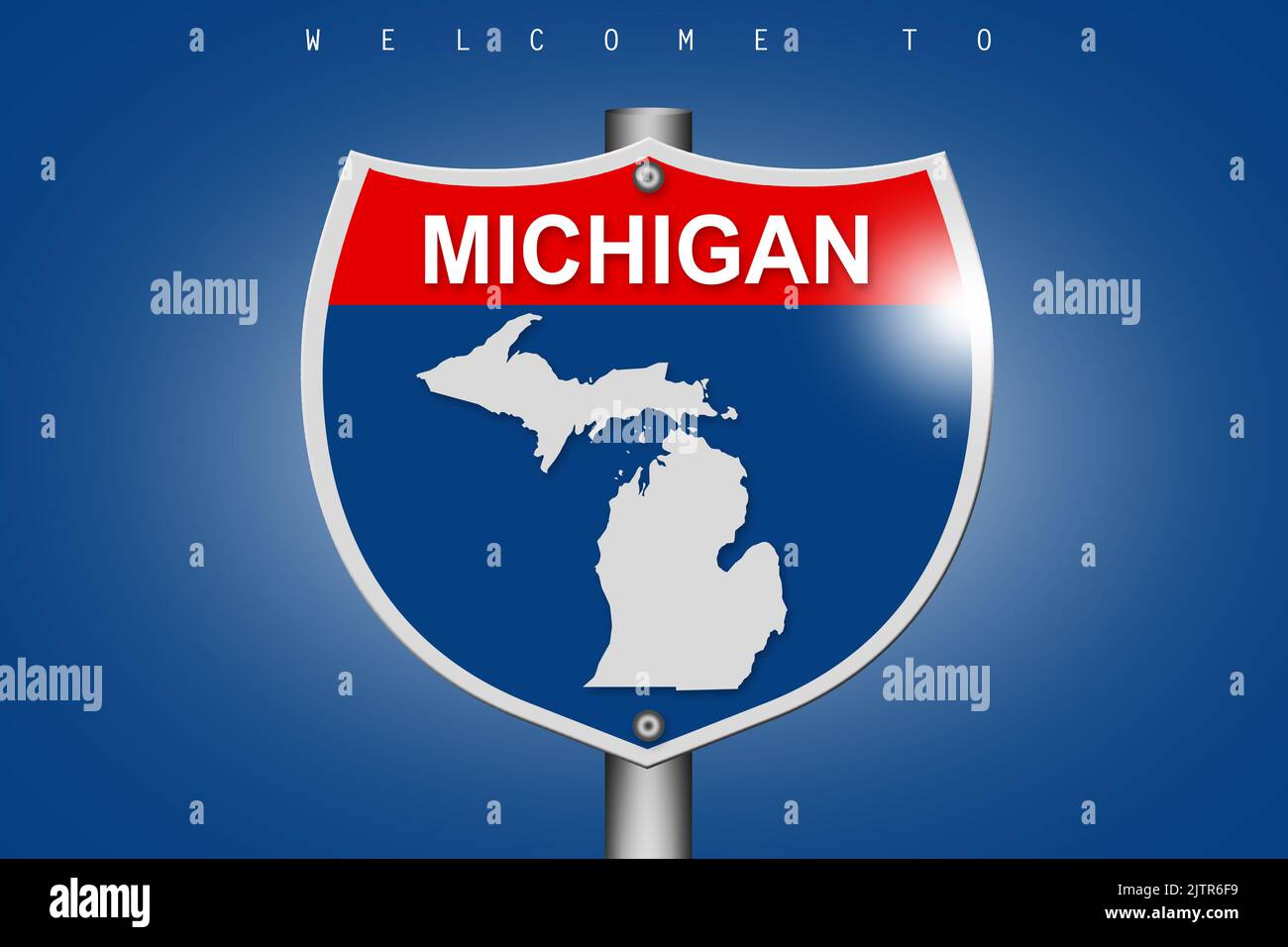 Michigan on highway road sign over blue background, 3d rendering Stock ...