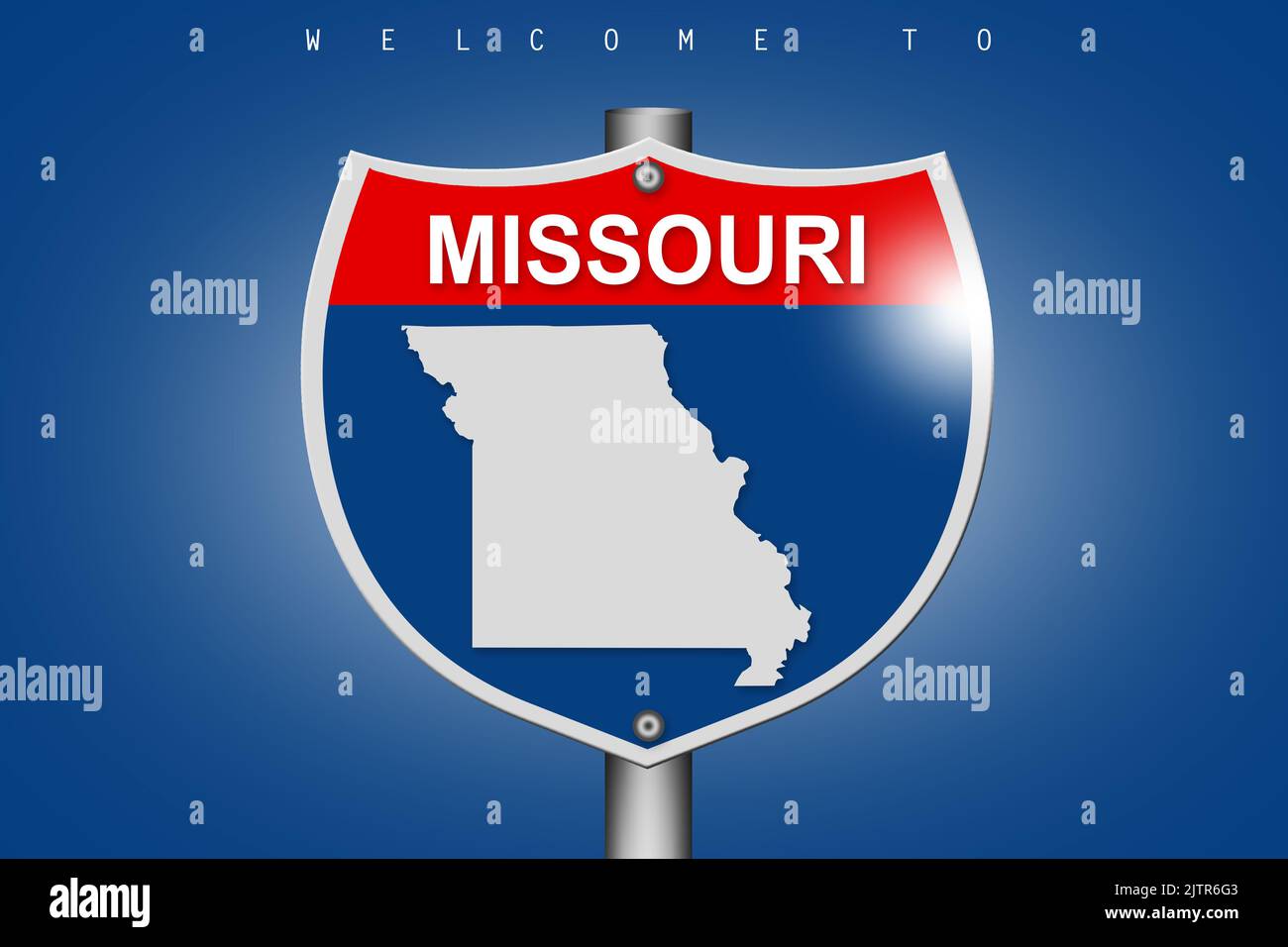 Missouri on highway road sign over blue background, 3d rendering Stock ...