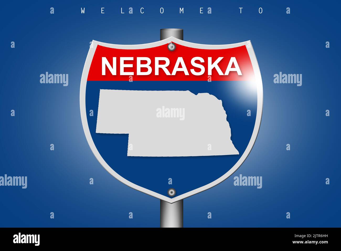 Nebraska on highway road sign over blue background, 3d rendering Stock ...