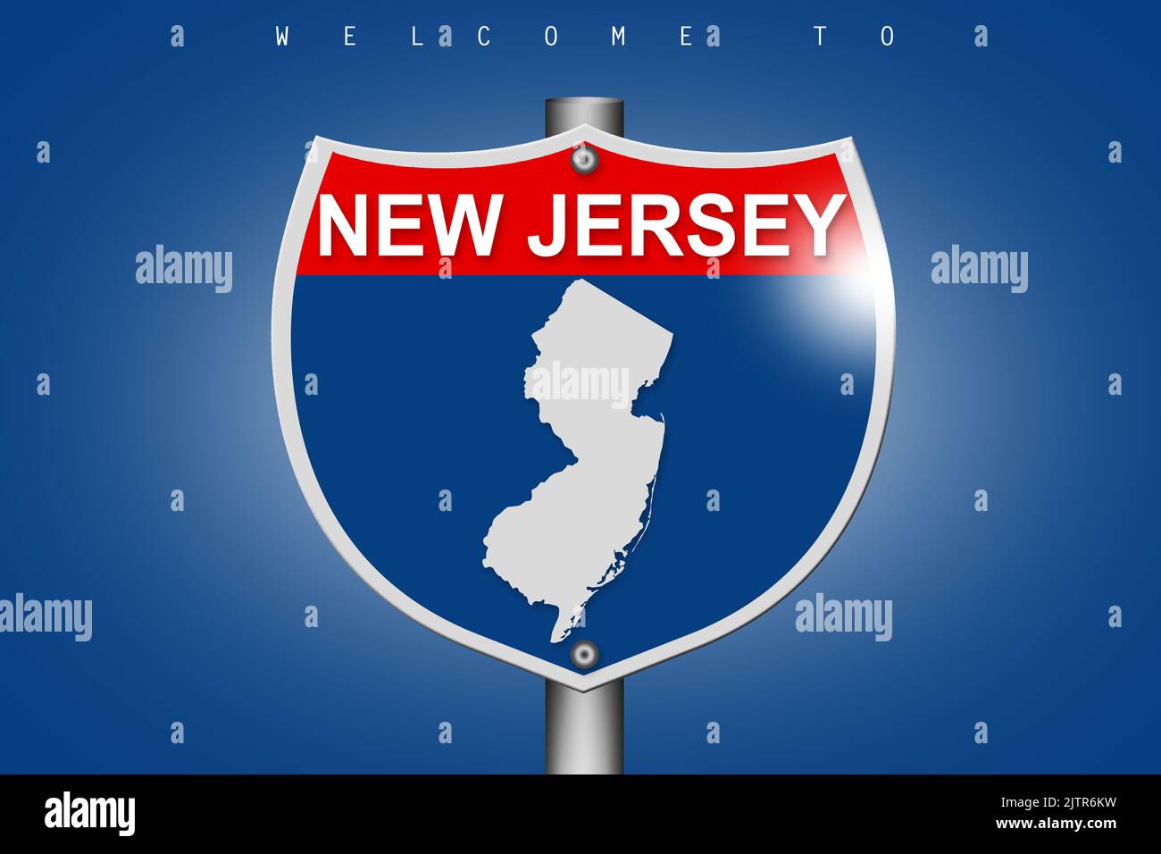New Jersey on highway road sign over blue background, 3d rendering ...