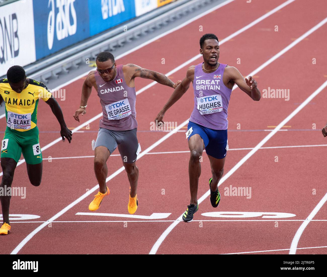 Andre De Grasse and Zharnel Hughes competing in the men’s 100m heats at ...