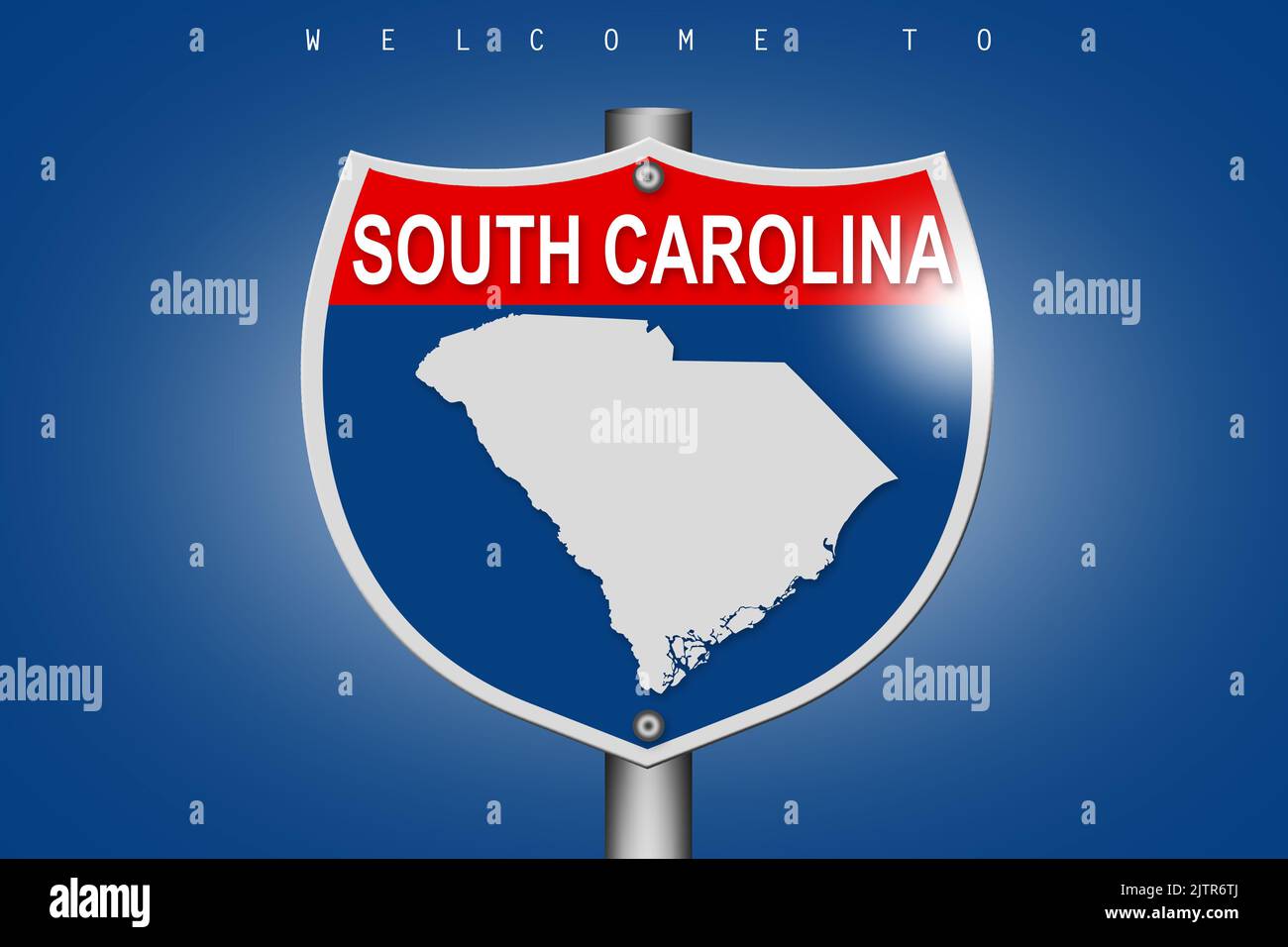 South Carolina on highway road sign over blue background, 3d rendering ...