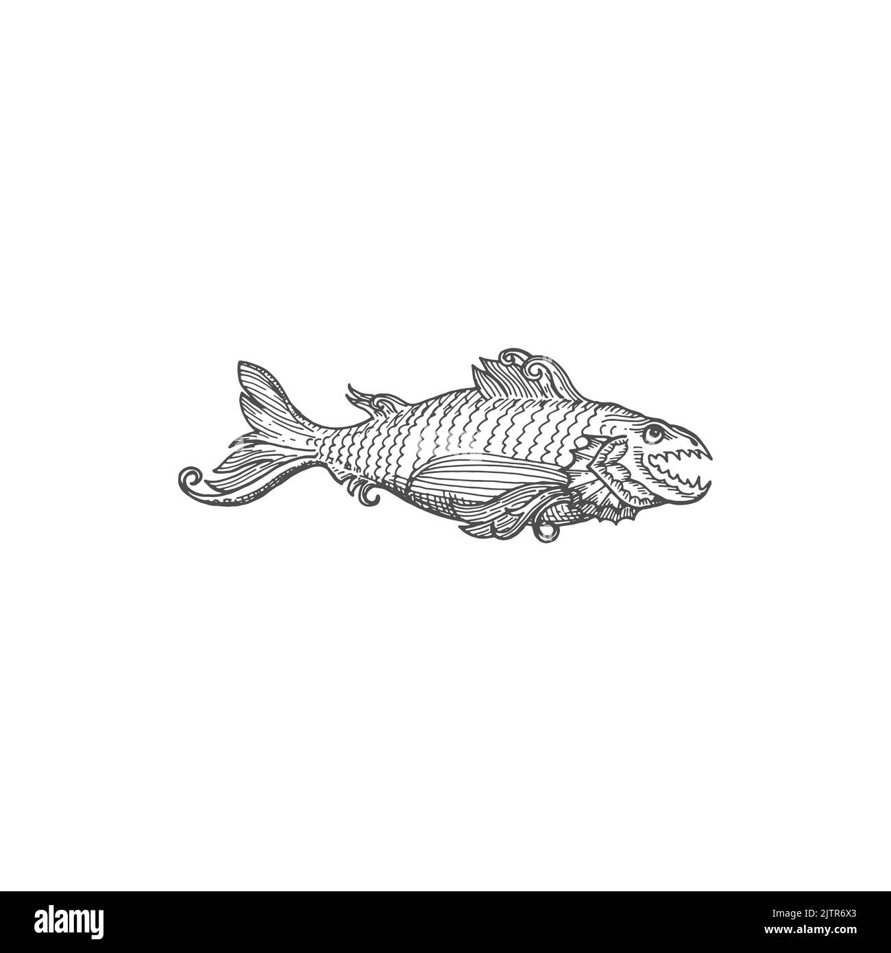 Sea monster serpent dragon fish leviathan sketch isolated. Vector deep ...