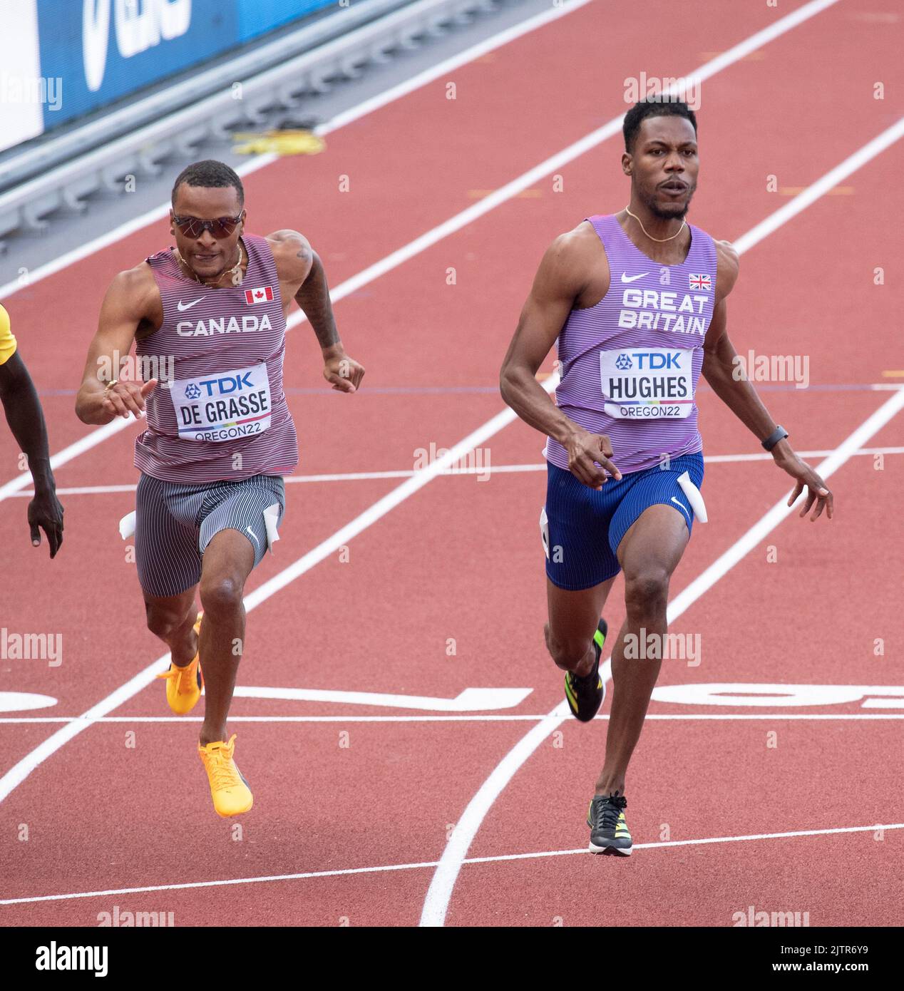 Andre De Grasse and Zharnel Hughes competing in the men’s 100m heats at ...
