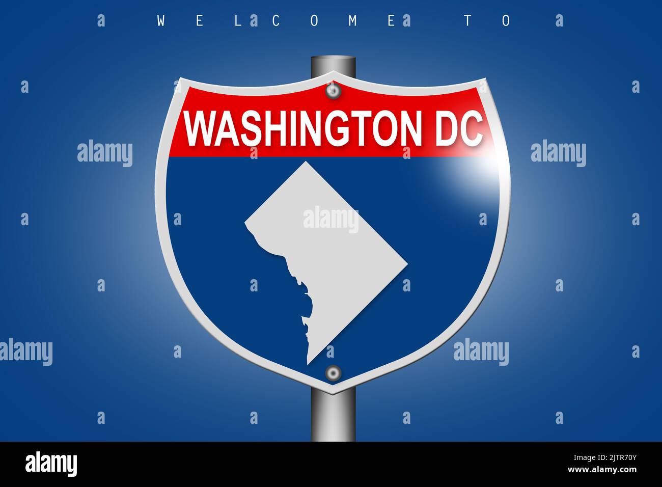 Washington DC on highway road sign over blue background, 3d rendering ...