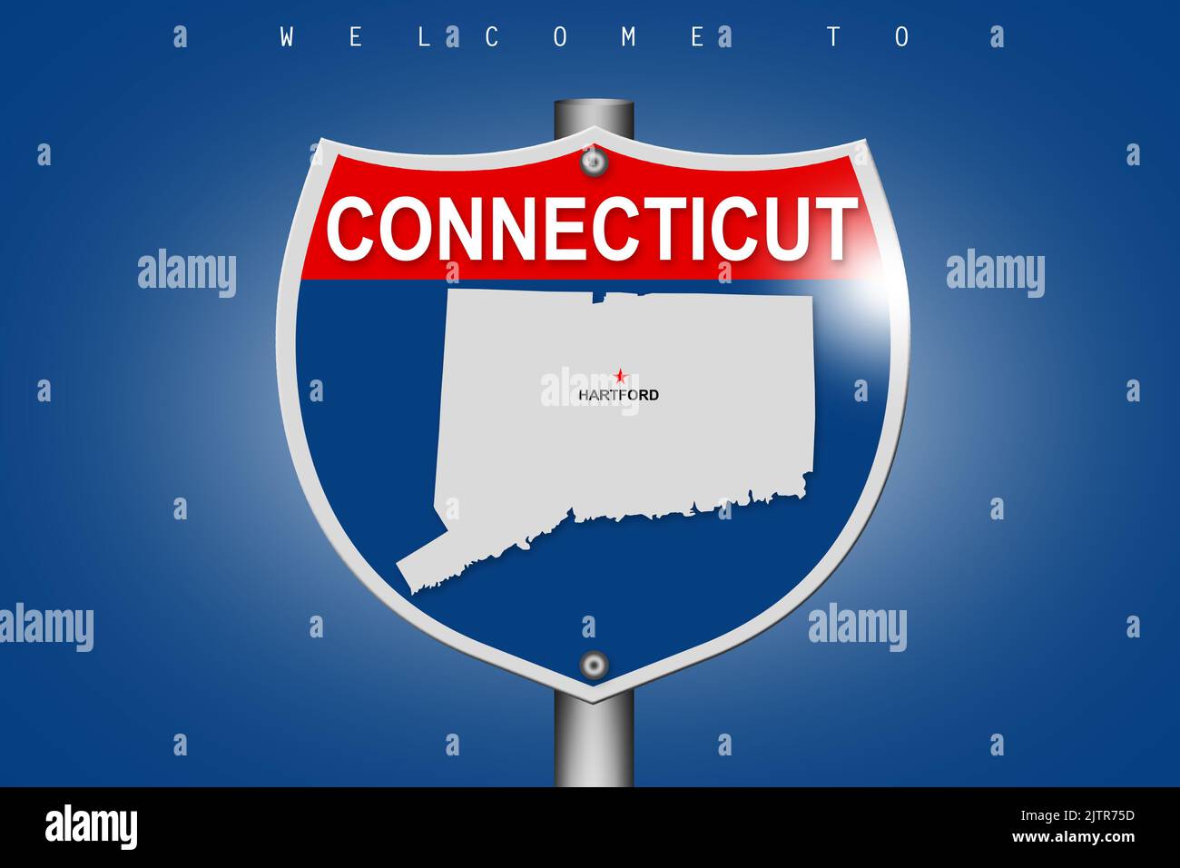 Connecticut on highway road sign over blue background, 3d rendering ...