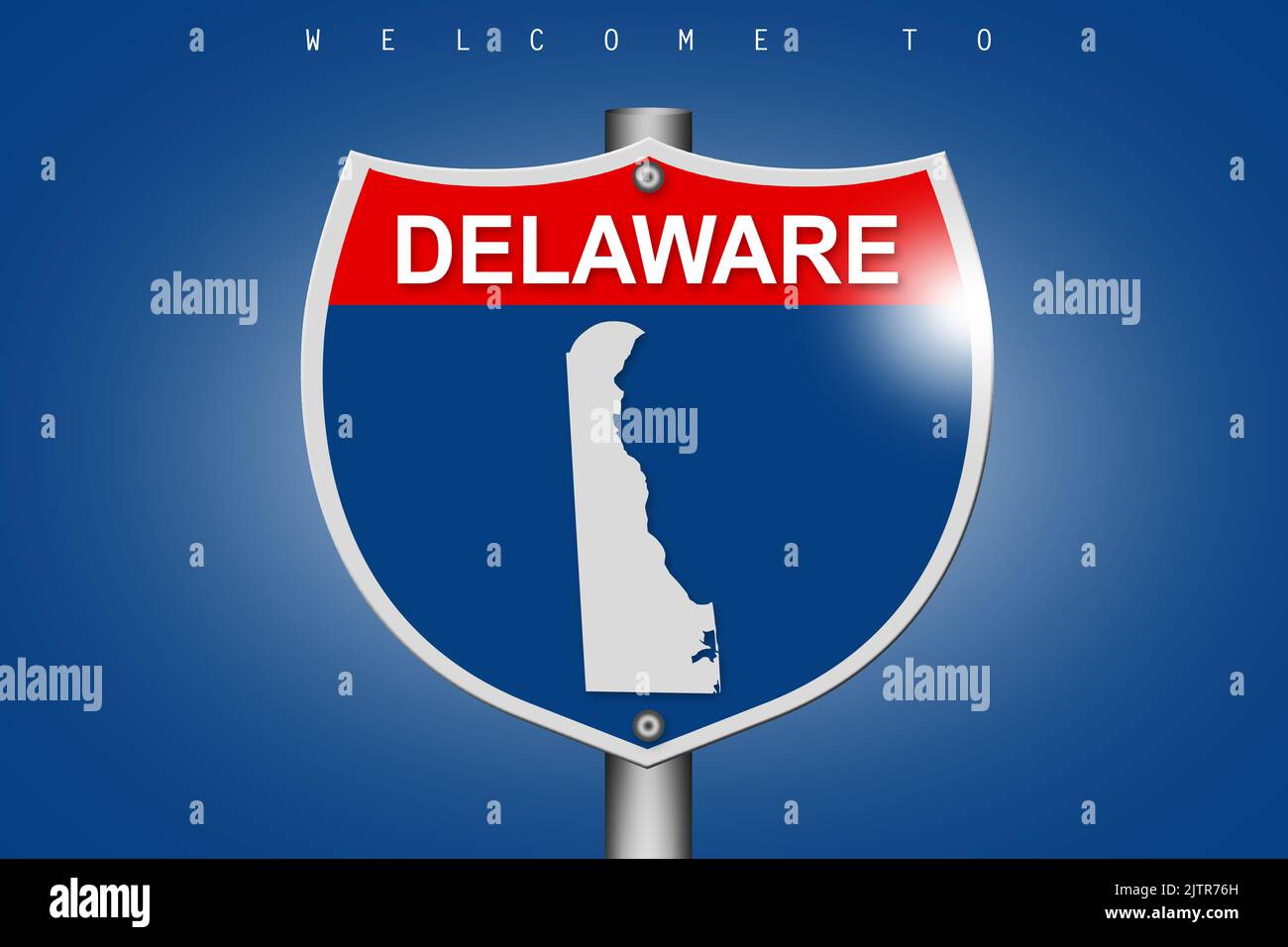 Delaware on highway road sign over blue background, 3d rendering Stock ...