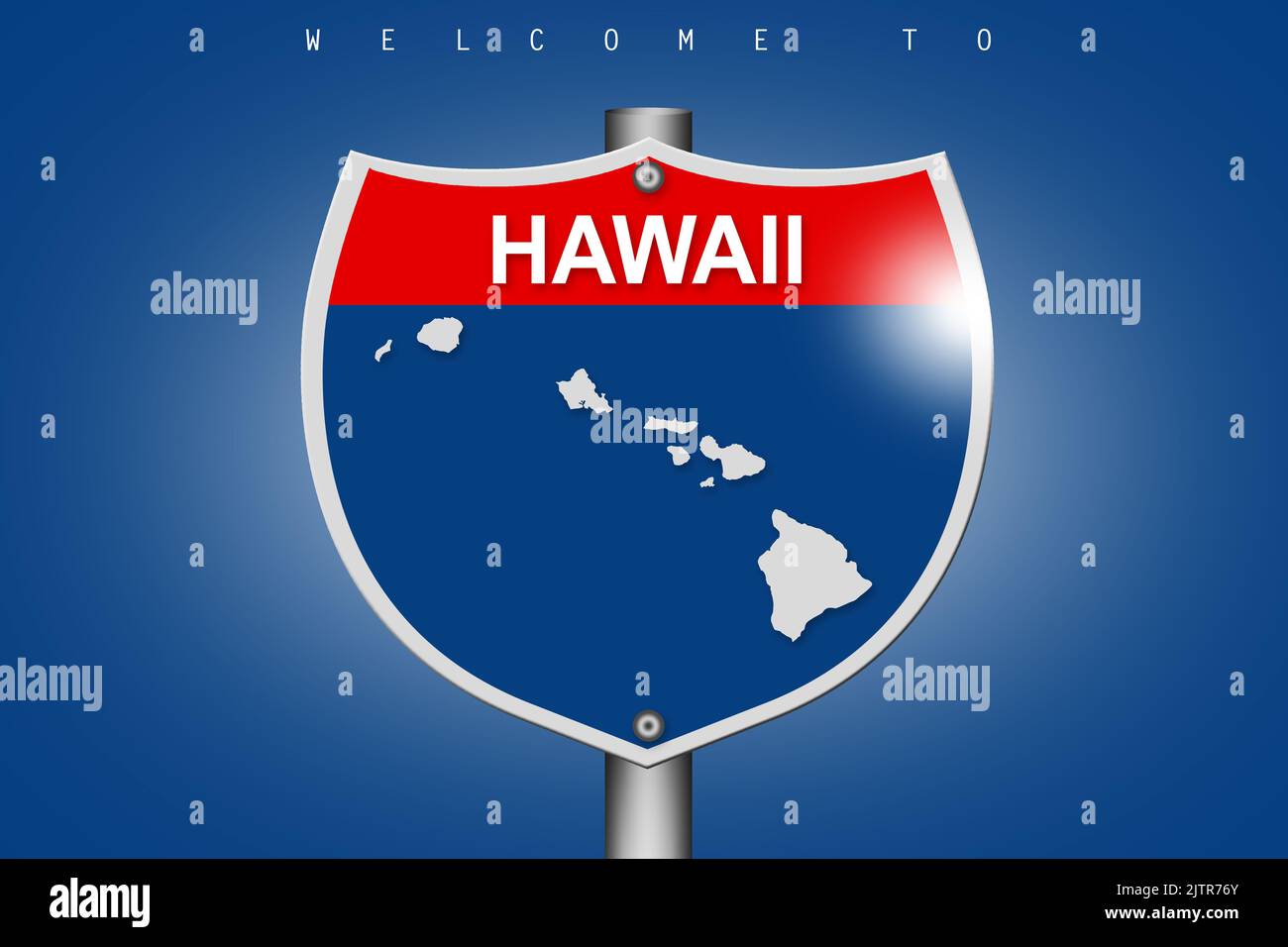 Hawaii on highway road sign over blue background, 3d rendering Stock ...