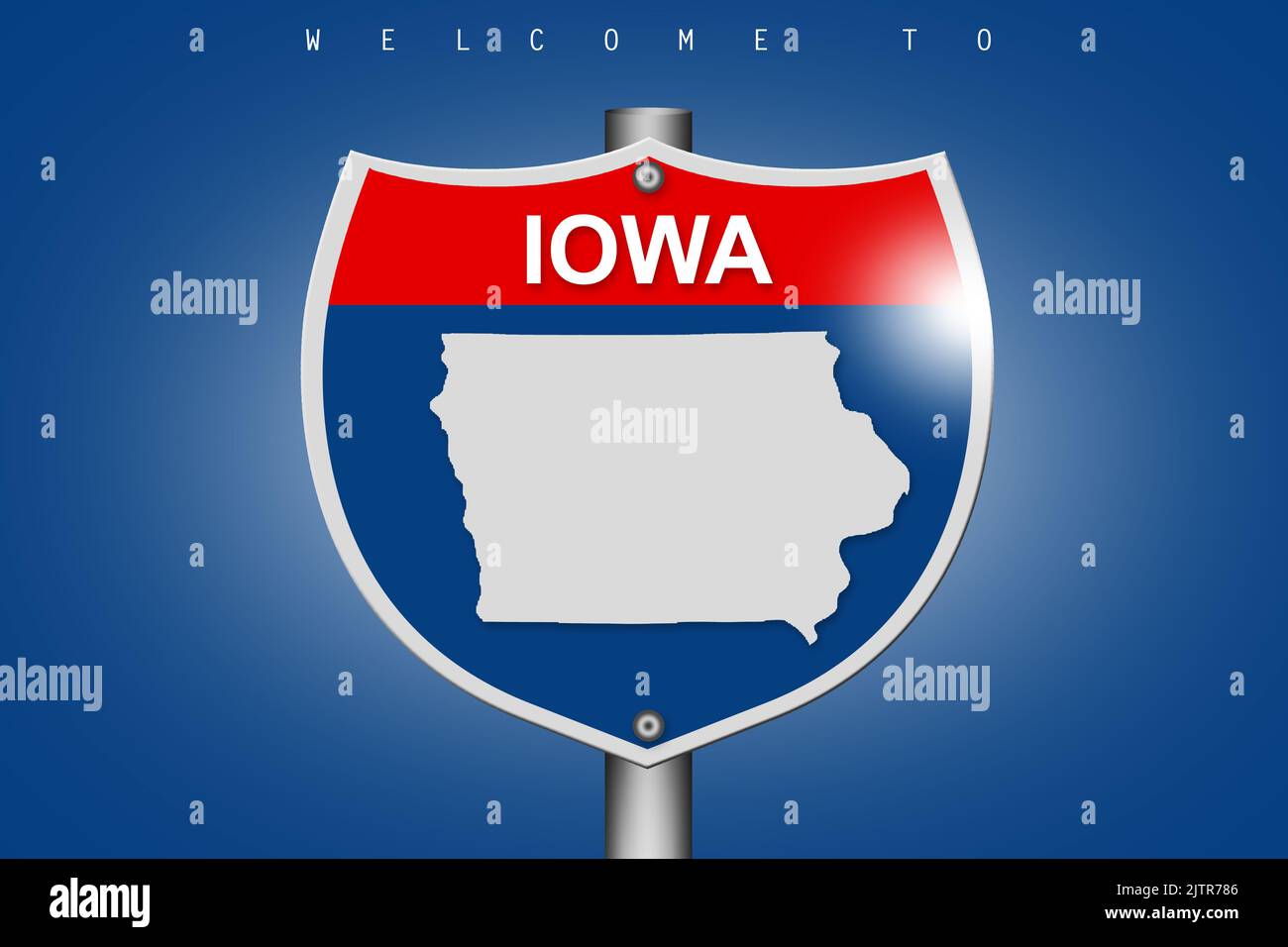 Iowa on highway road sign over blue background, 3d rendering Stock ...