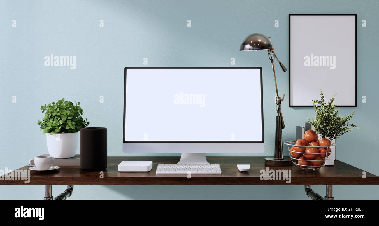 Mock up office table desk. blank computer screen in mint office modern ...