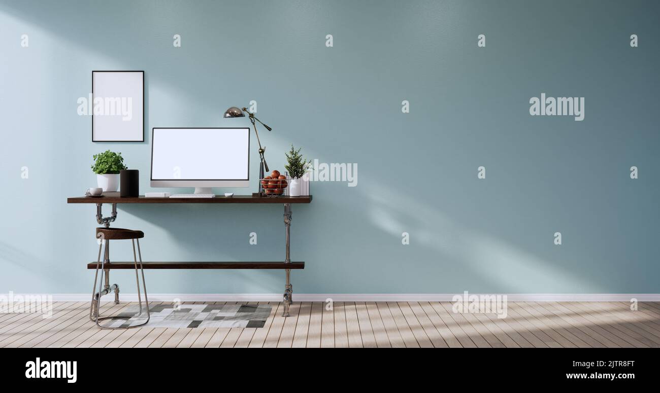 Mock up office table desk. blank computer screen in mint office modern ...