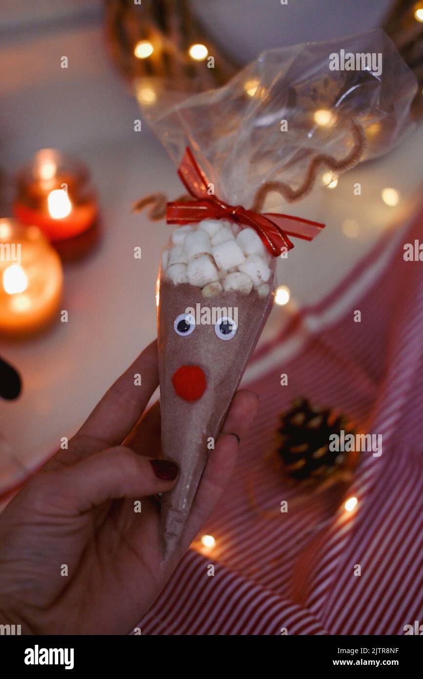 Hot chocolate reindeer cone with marshmallows for kids using a piping ...