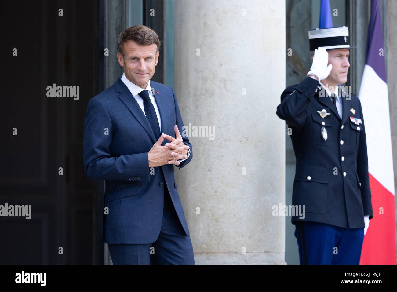 French President Emmanuel Macron arrives for a joint press conference ...
