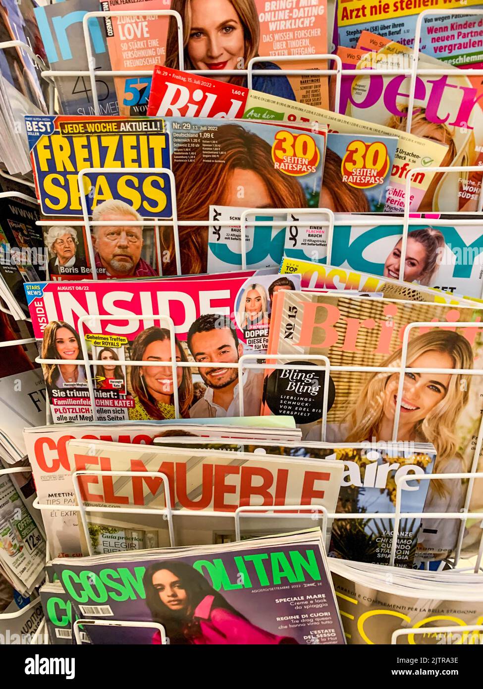 Magazines on display in a press shop, Athens airport, Athens, Attica ...