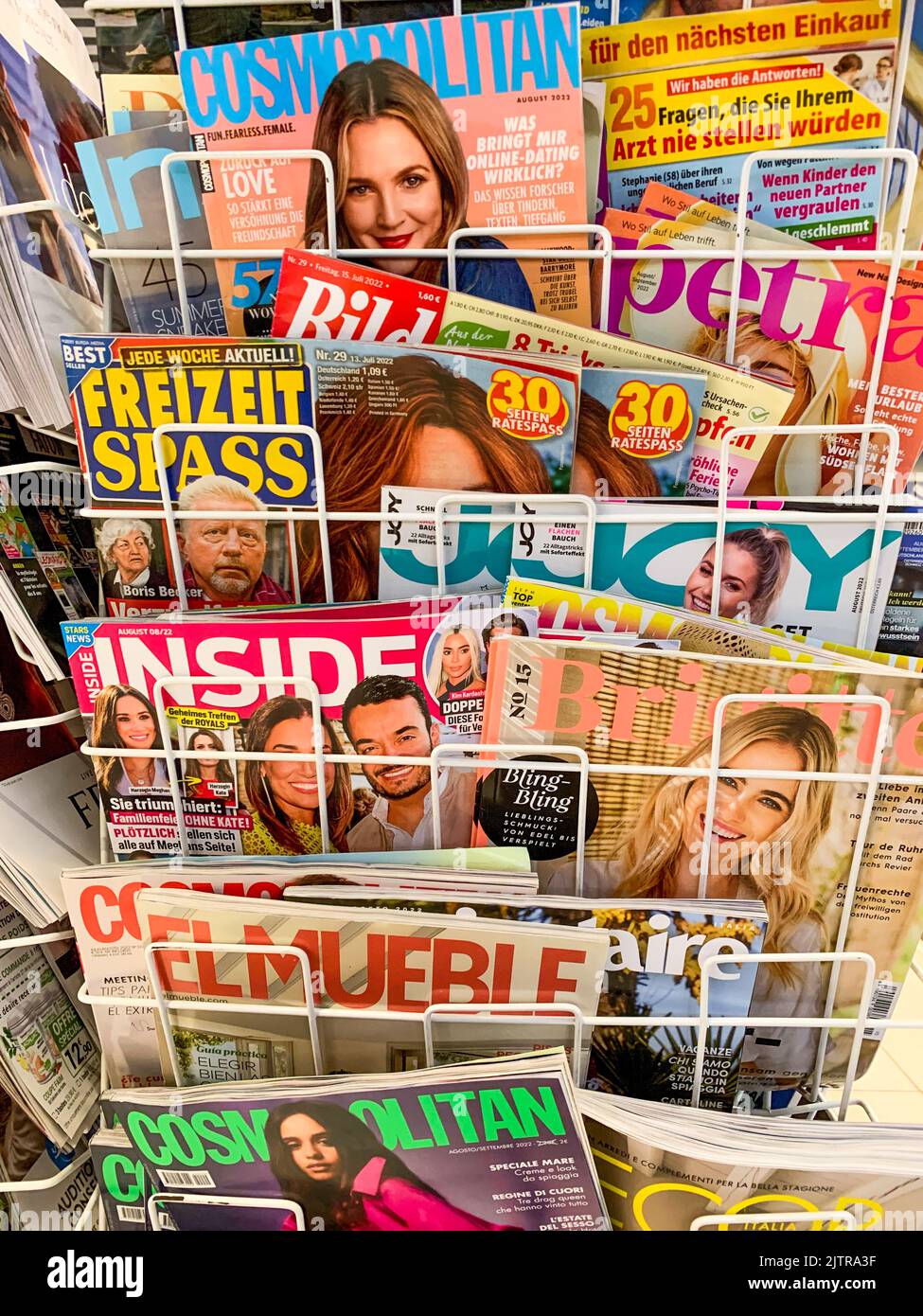 Magazines on display in a press shop, Athens airport, Athens, Attica ...