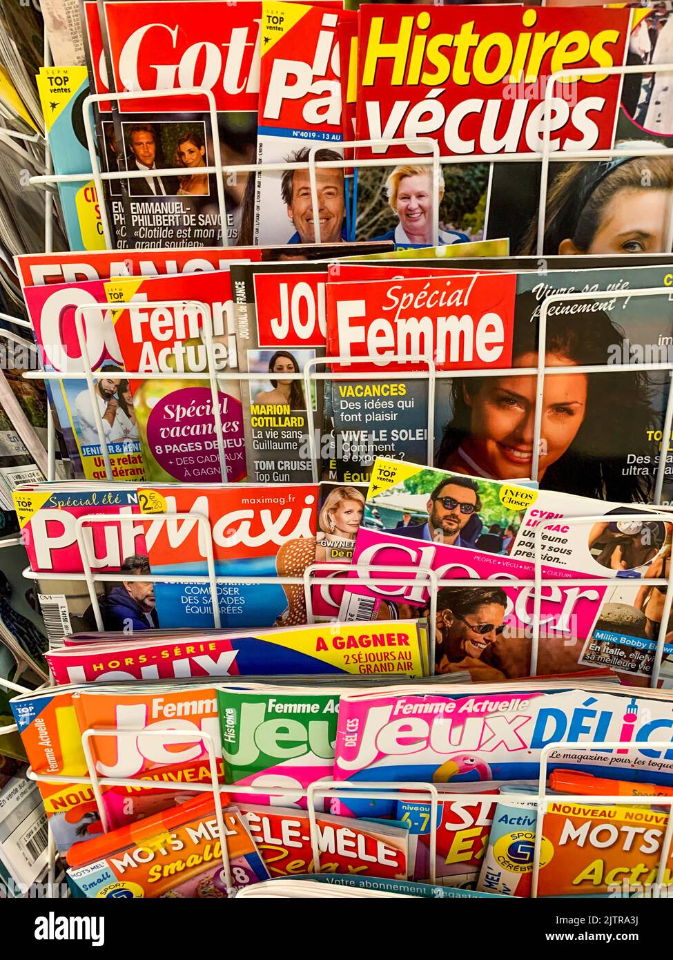 Magazines on display in a press shop, Athens airport, Athens, Attica ...