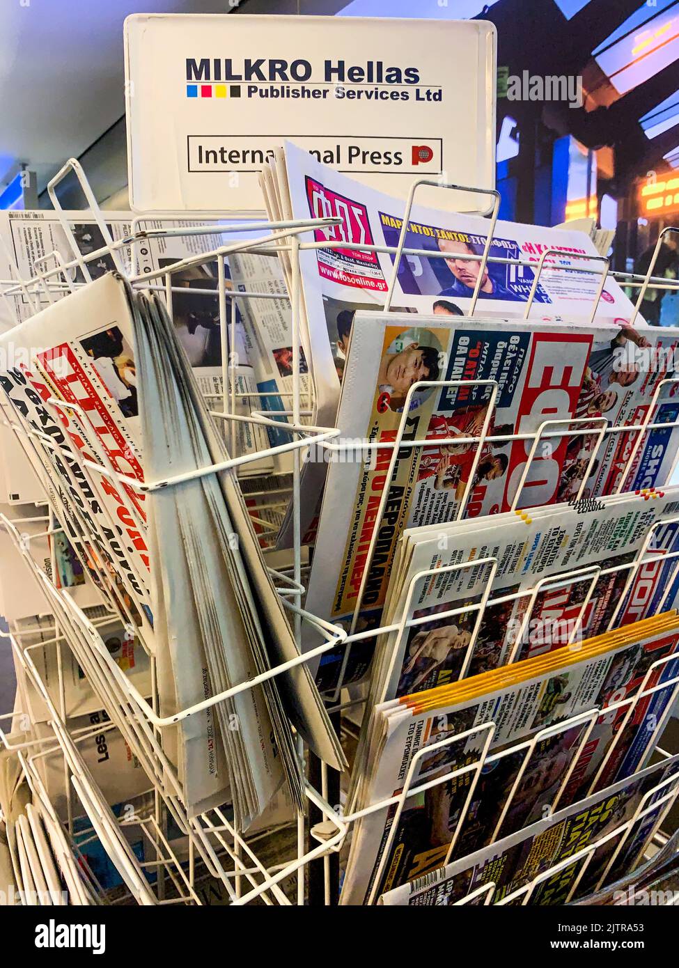 Newspapers on display as sen at Athens airport, Athens, Attica, Greece ...