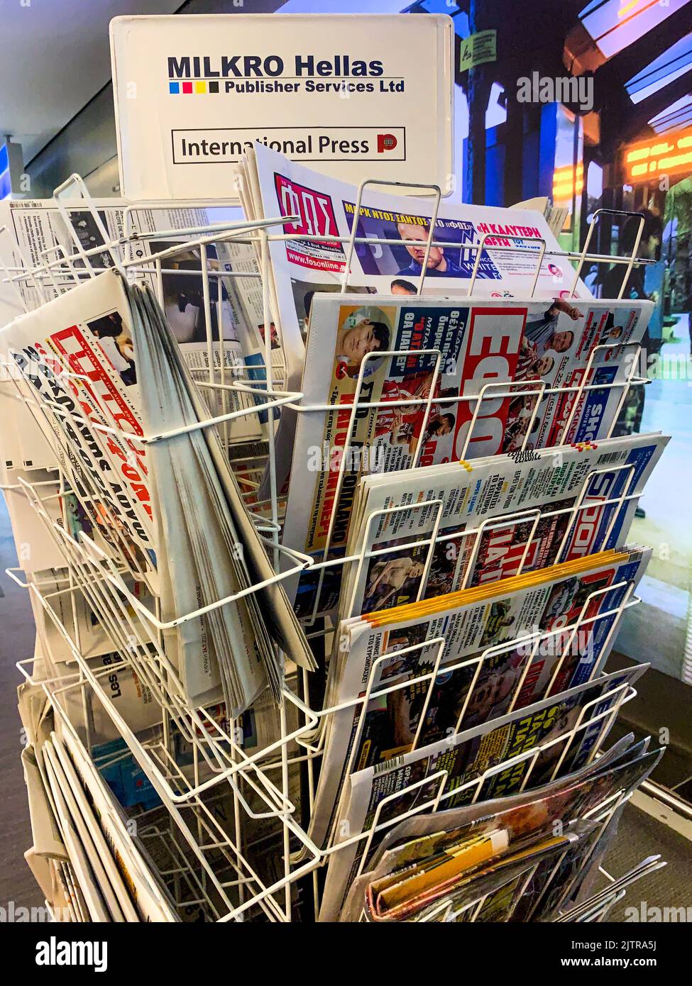 Newspapers on display as sen at Athens airport, Athens, Attica, Greece ...