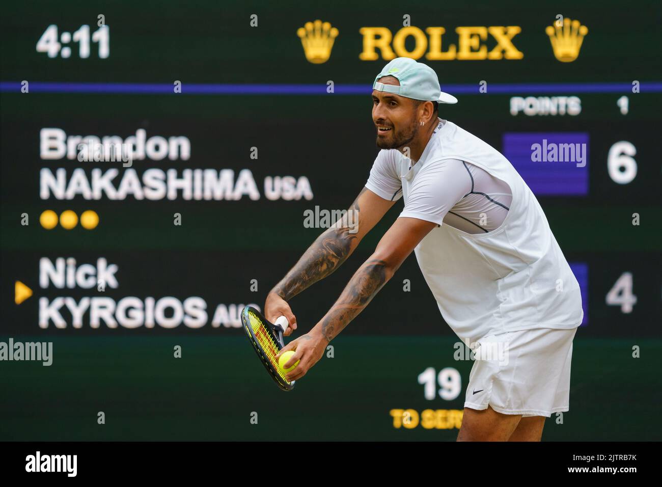 Nick Kyrgios of Australia in action on Centre Court at The Championships 2022. Held at The All ...