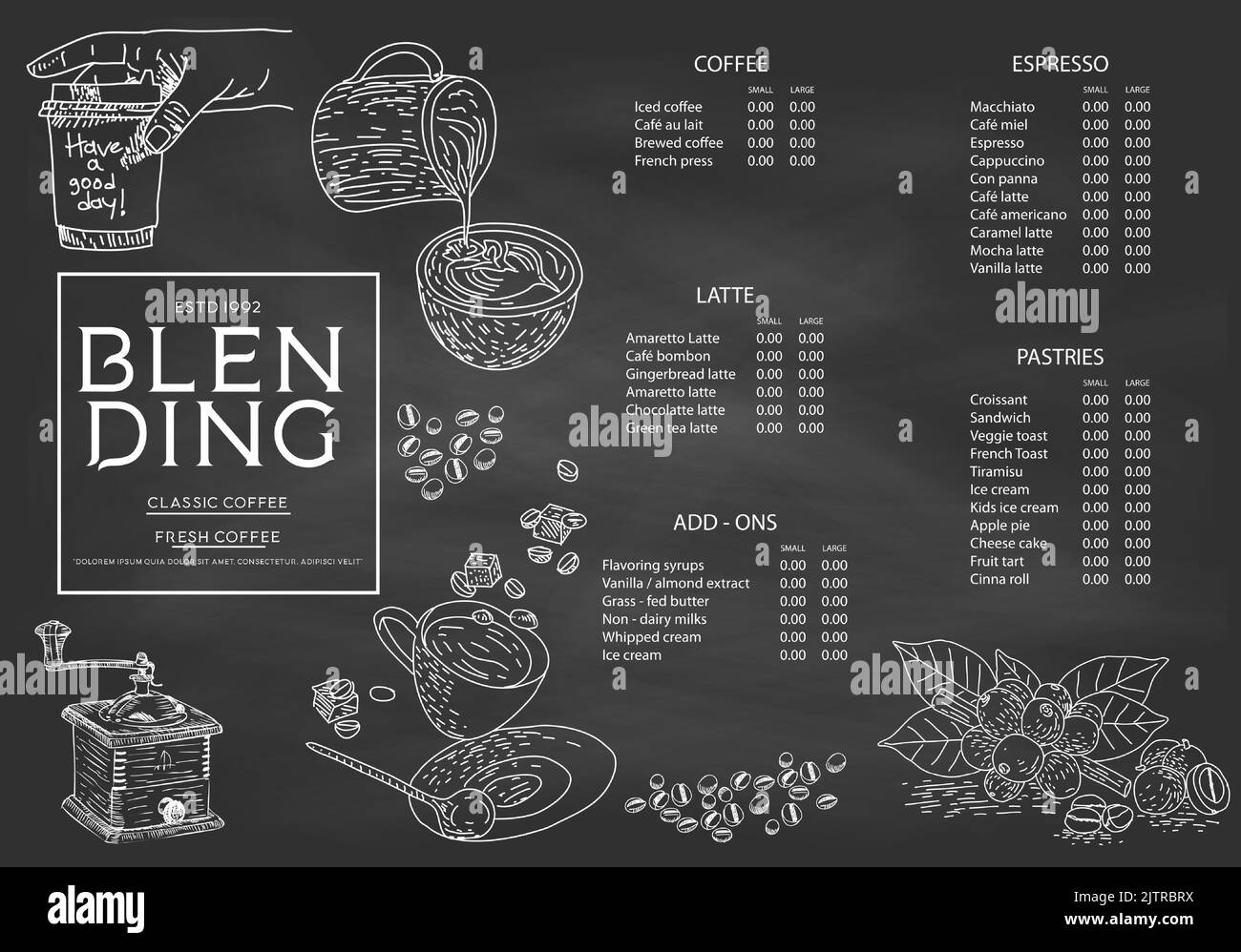 Coffee illustration for poster or menu template. Decorative sketch of ...