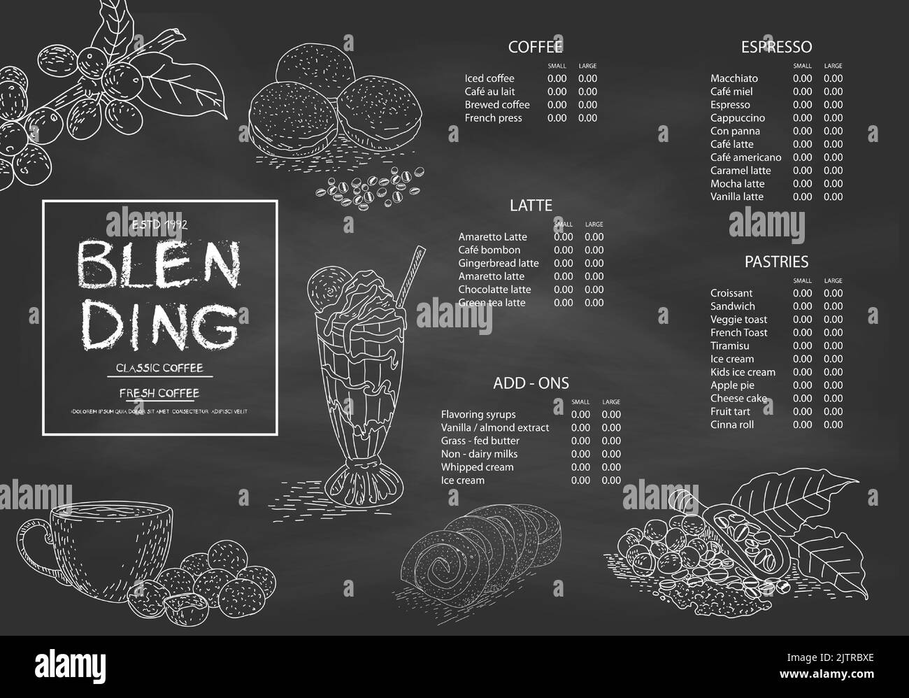 Coffee illustration for poster or menu template. Decorative sketch of ...