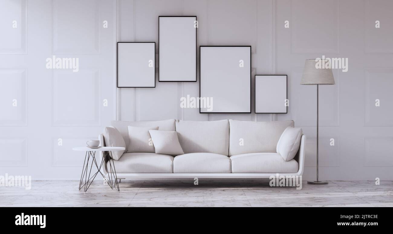 Living room has a sofa with lamps and decorated trees in the white wall ...