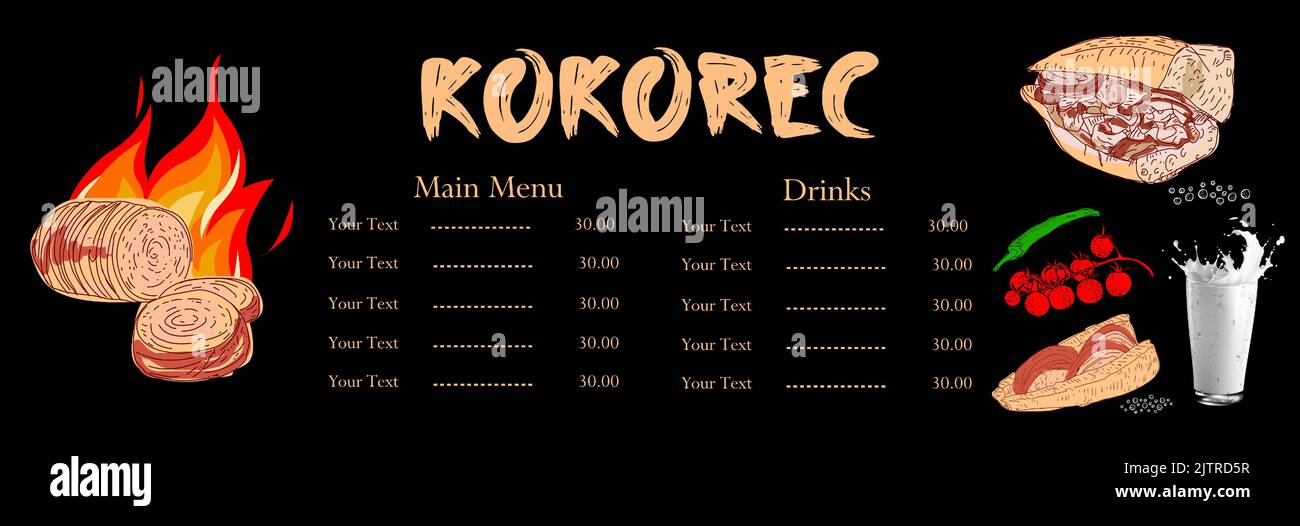 Kokorec hand drawn vector design. Fast food menu design elements ...