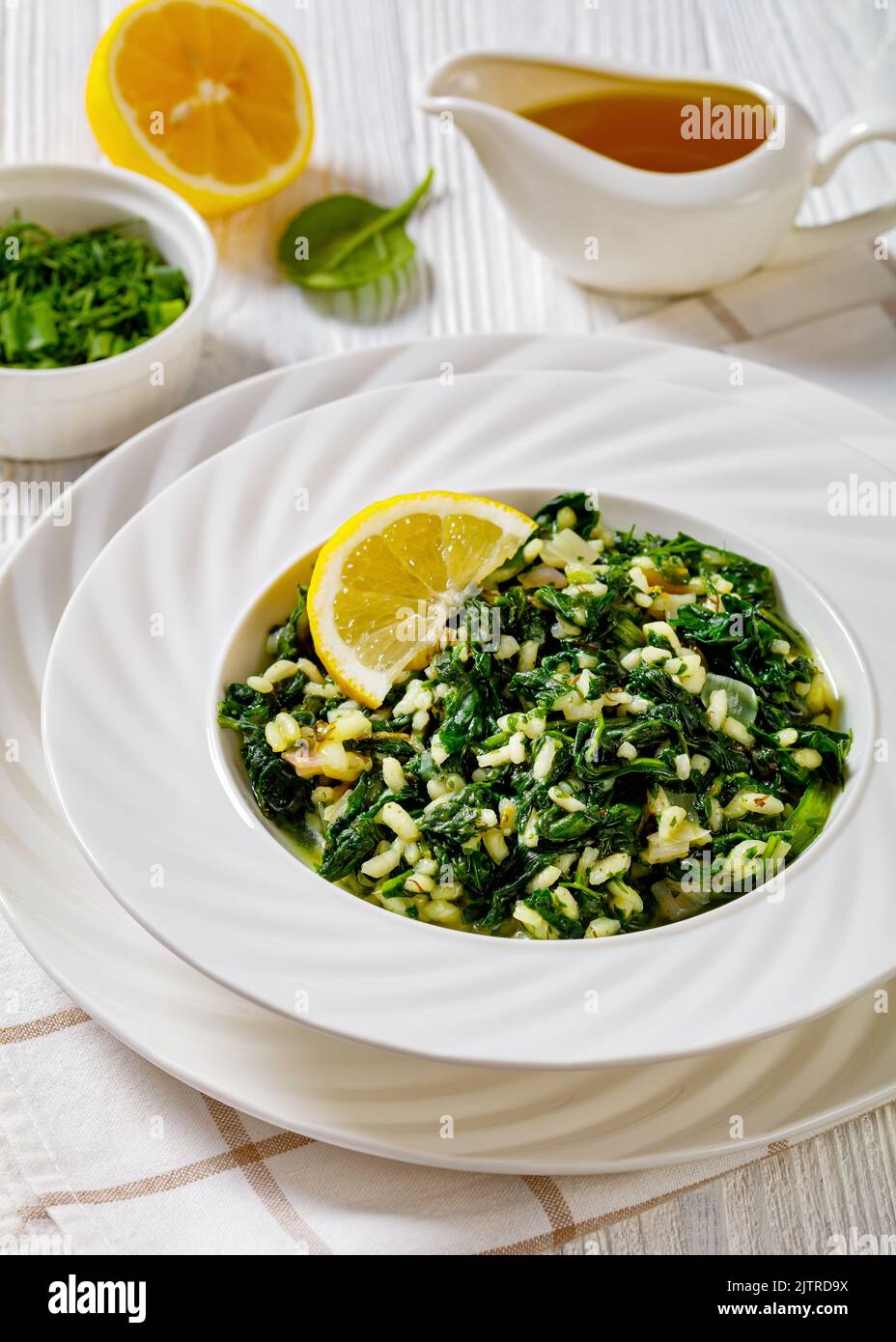 Spanakorizo, Greek spinach and rice pilaf with lemon, dill, spring ...