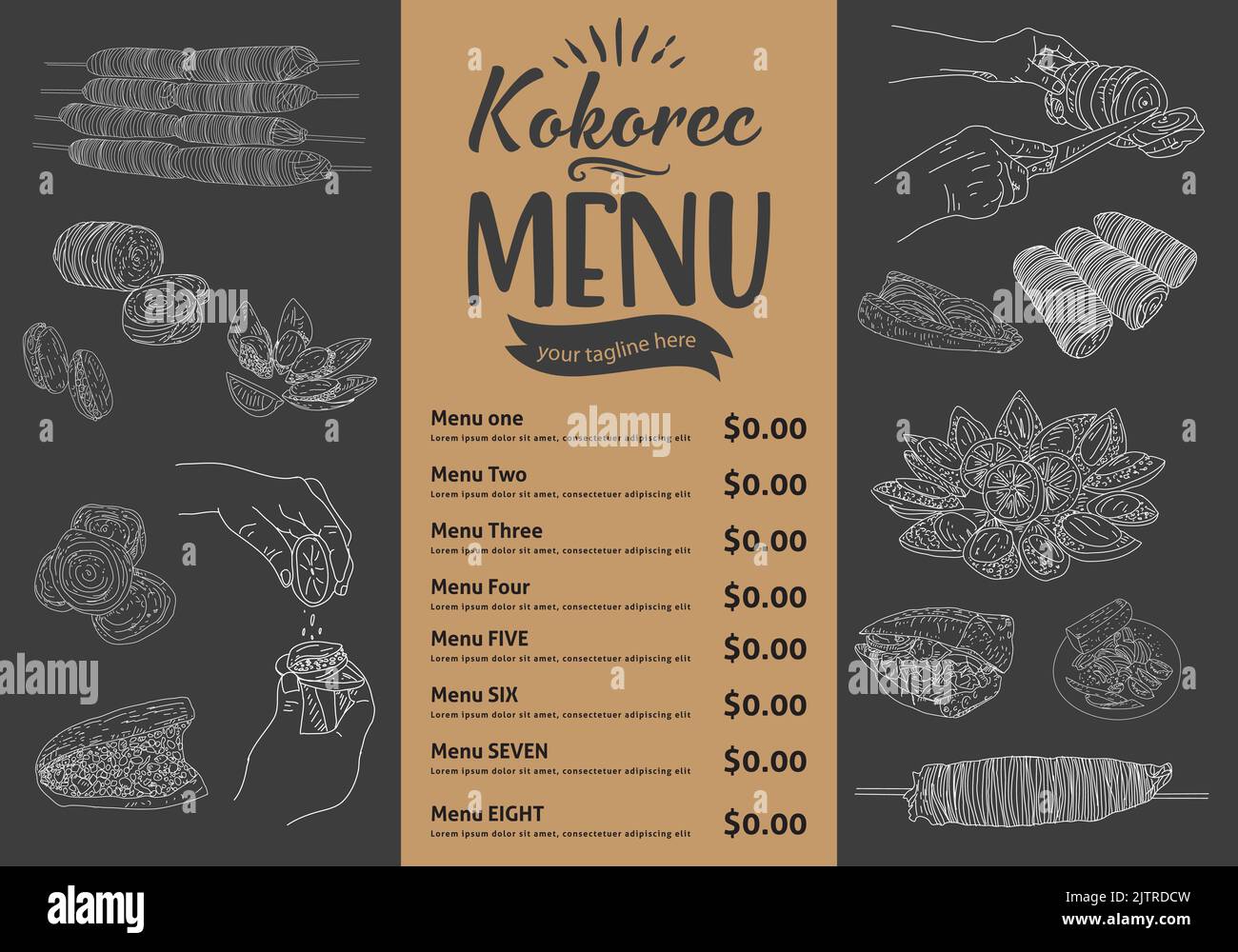 Kokorec hand drawn vector design. Fast food menu design elements ...