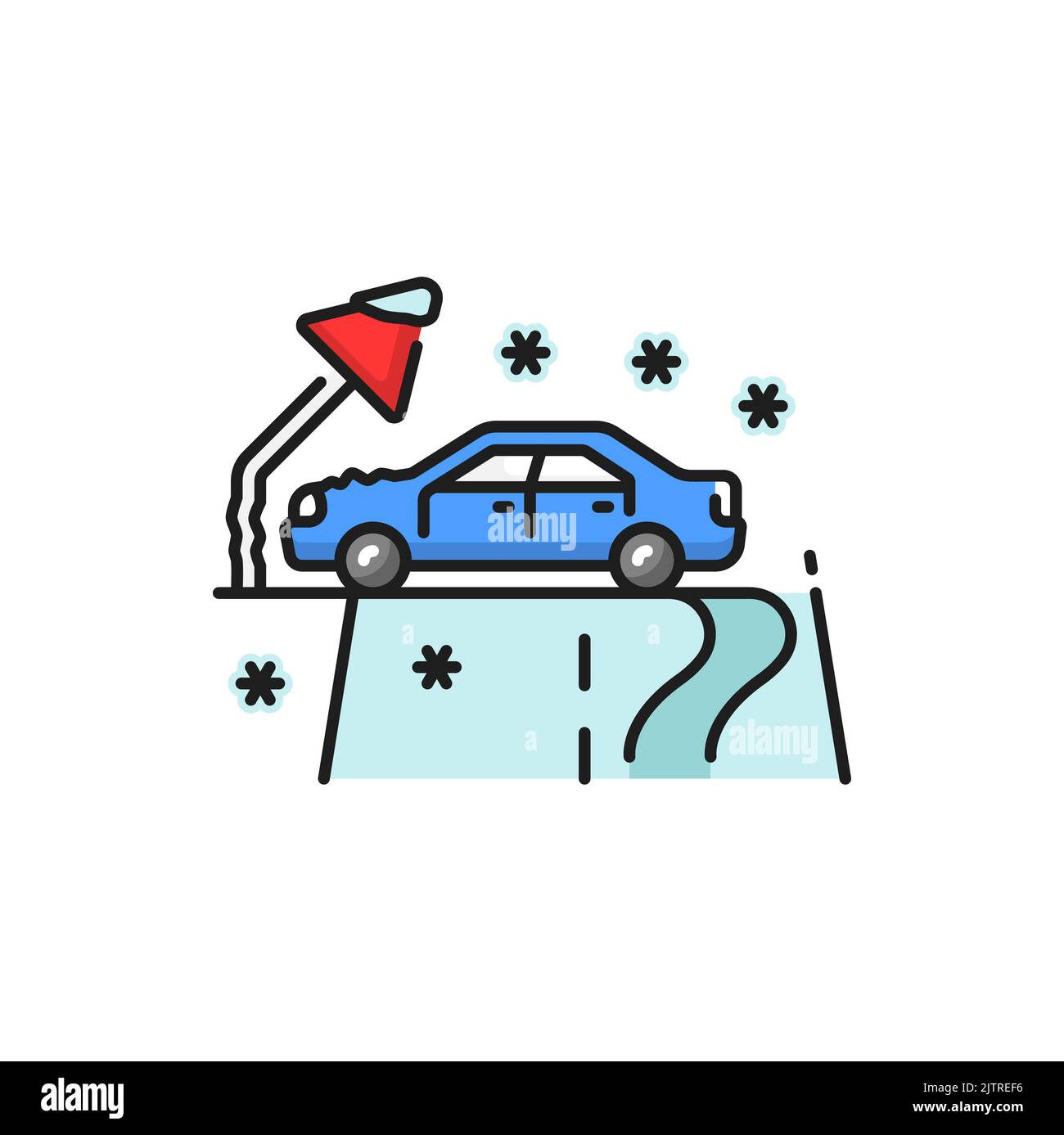 Winter time car driving isolated color line icon, vehicle crash into ...