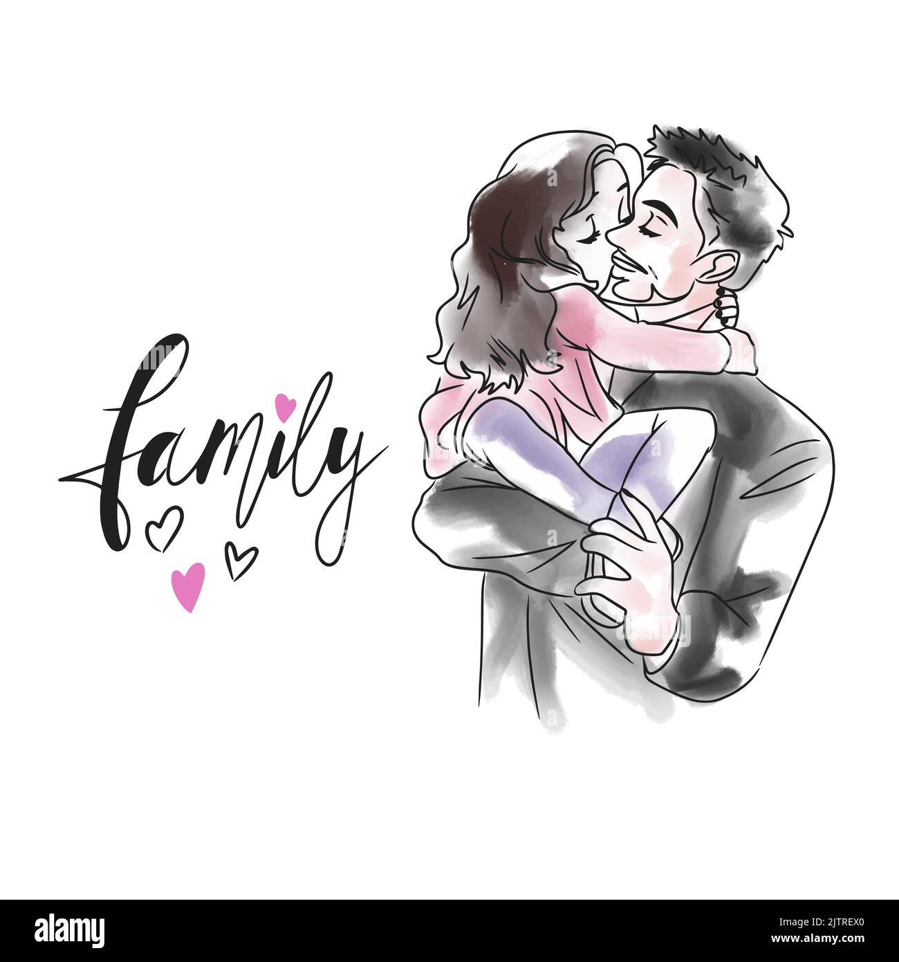 Family, handwritten lettering, cartoon happy family, dad and little ...