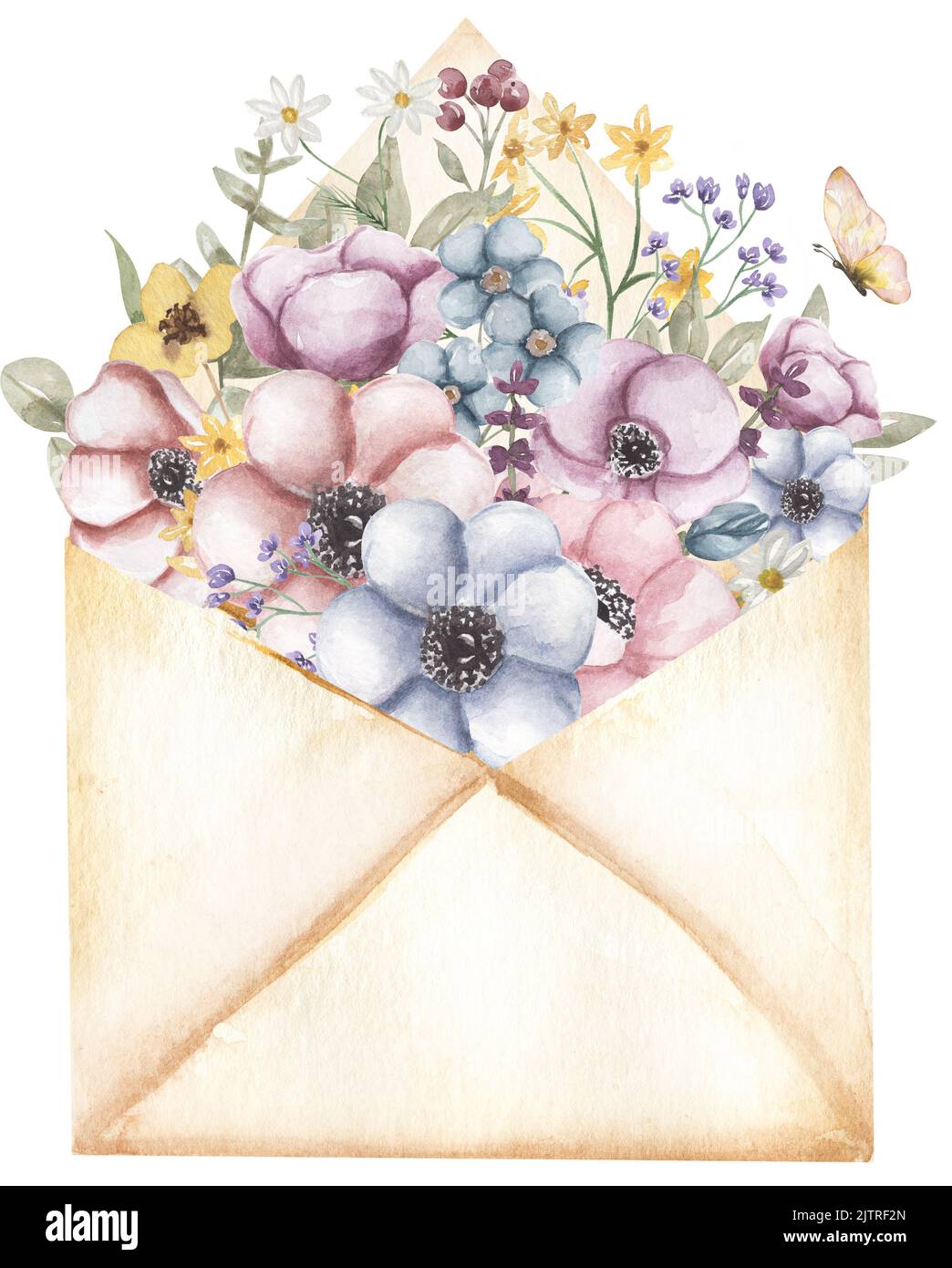 Watercolor meadow flowers in envelope illustration, card template with ...
