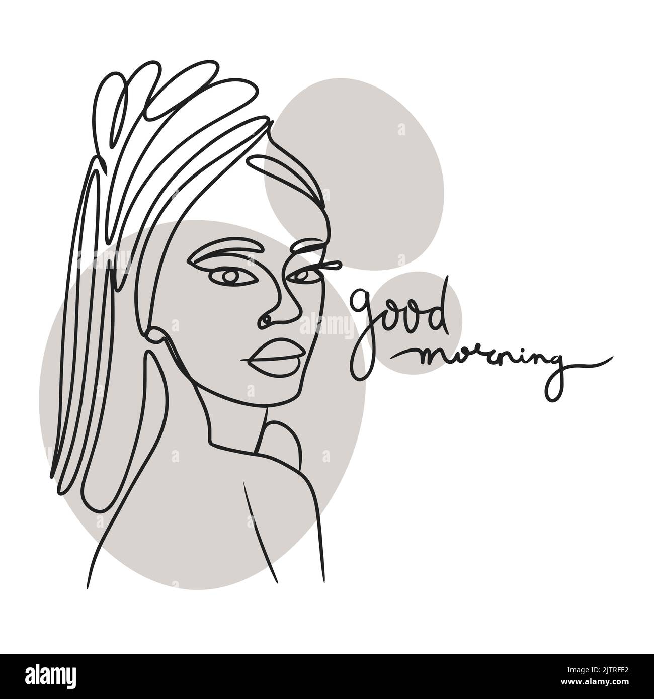 Good morning, one line drawing, a girl with a towel on her head ...