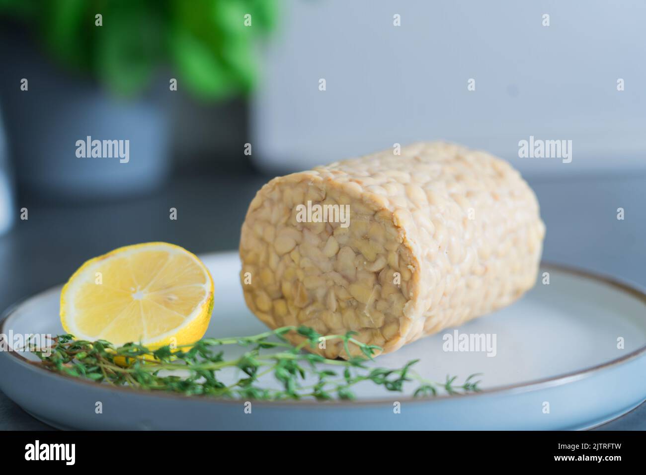 Raw Tempeh or Tempe, made of fermented soybean seeds on the plate on ...