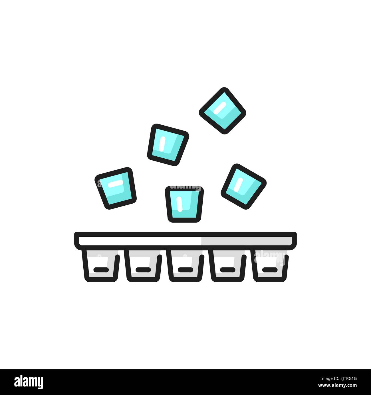 Ice cube plastic container with flying blue water cubes isolated ...